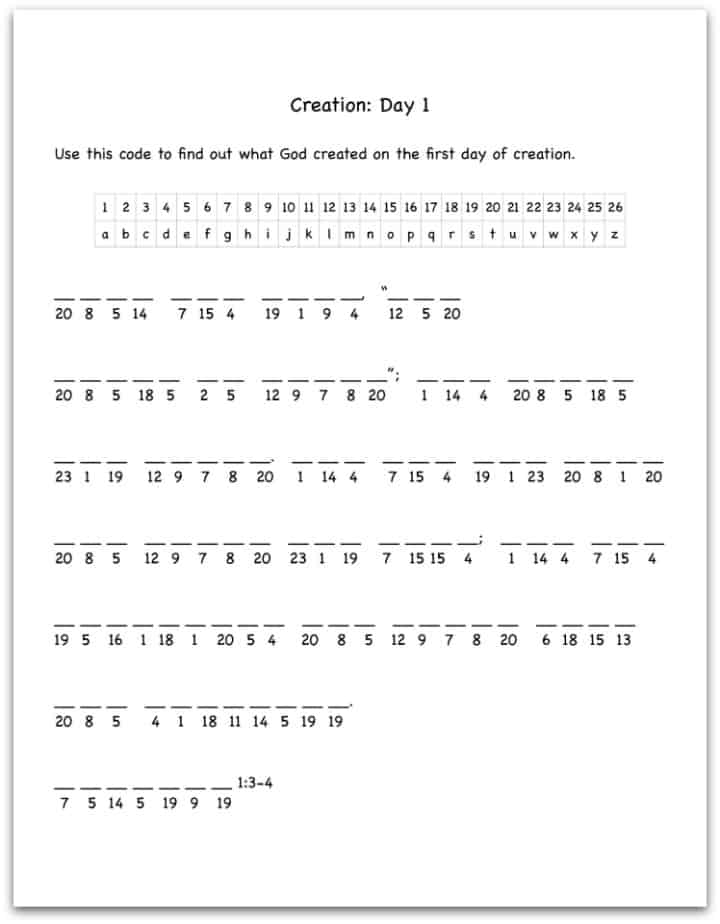 Creation Day 1 Bible Verse Decoding Worksheet - Kids Bible Lessons